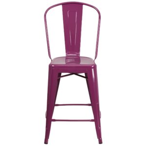 EMMA + OLIVER Commercial Grade 24" H Purple Metal Indoor-Outdoor Counter Height Stool with Back