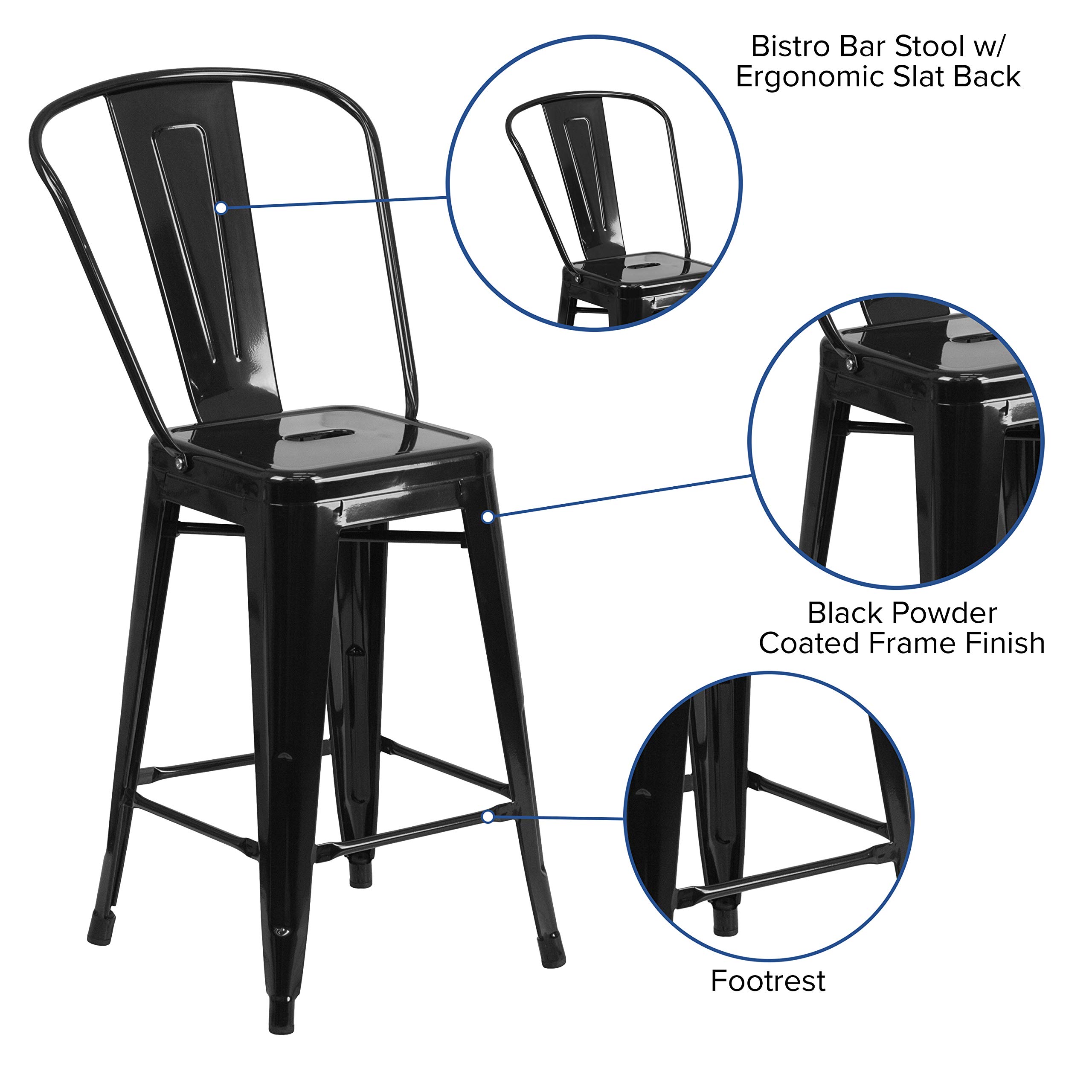 EMMA + OLIVER Commercial Grade 24" H Black Metal Indoor-Outdoor Counter Height Stool w/Back