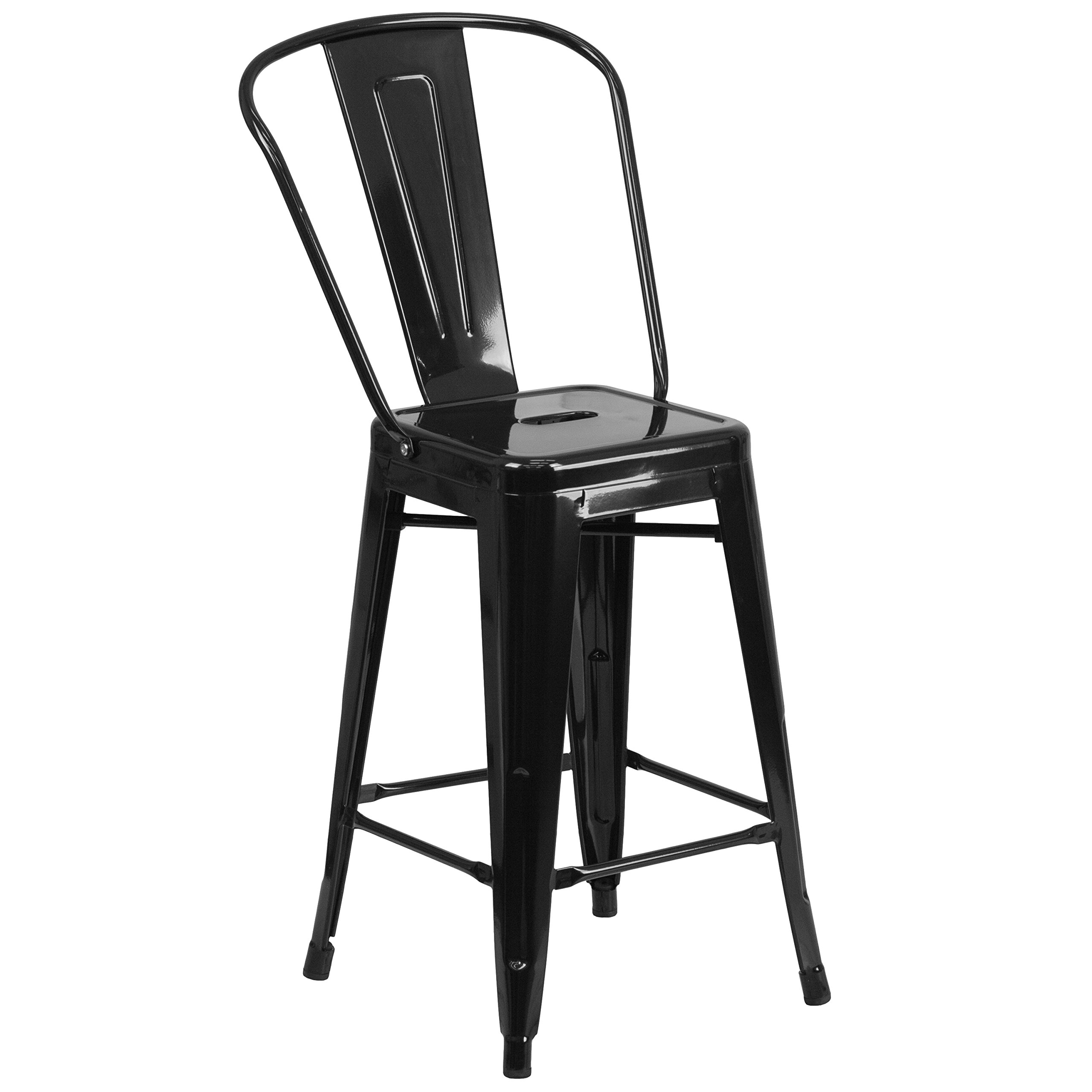 EMMA + OLIVER Commercial Grade 24" H Black Metal Indoor-Outdoor Counter Height Stool w/Back