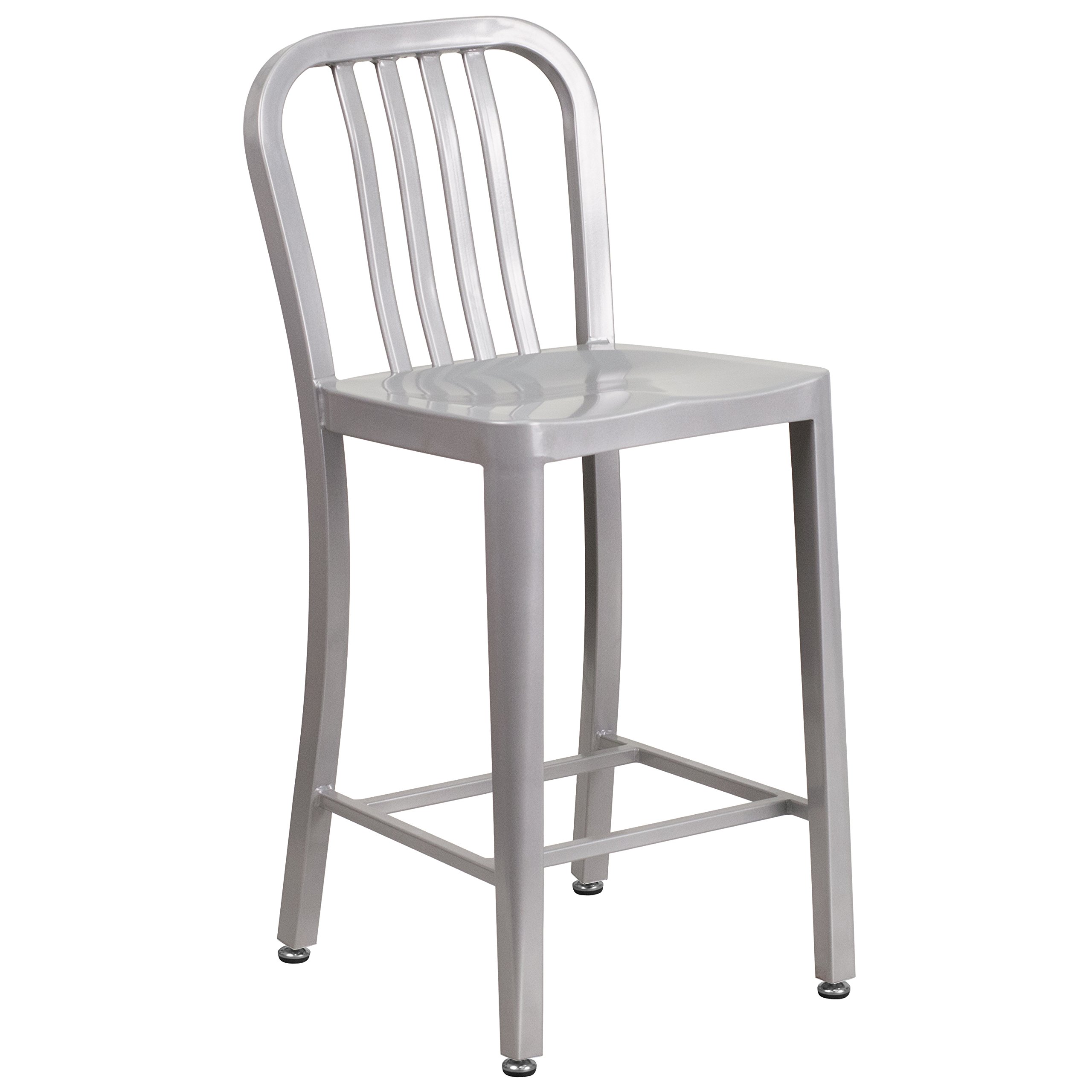 EMMA + OLIVER Commercial Grade 24" H Silver Metal Indoor-Outdoor Counter Stool w/Slat Back