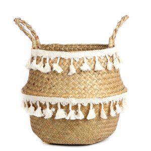 bluemake tassel macrame woven seagrass belly basket for storage, decoration, laundry, picnic, plant basin cover, groceries and toy storage (large, tassel)