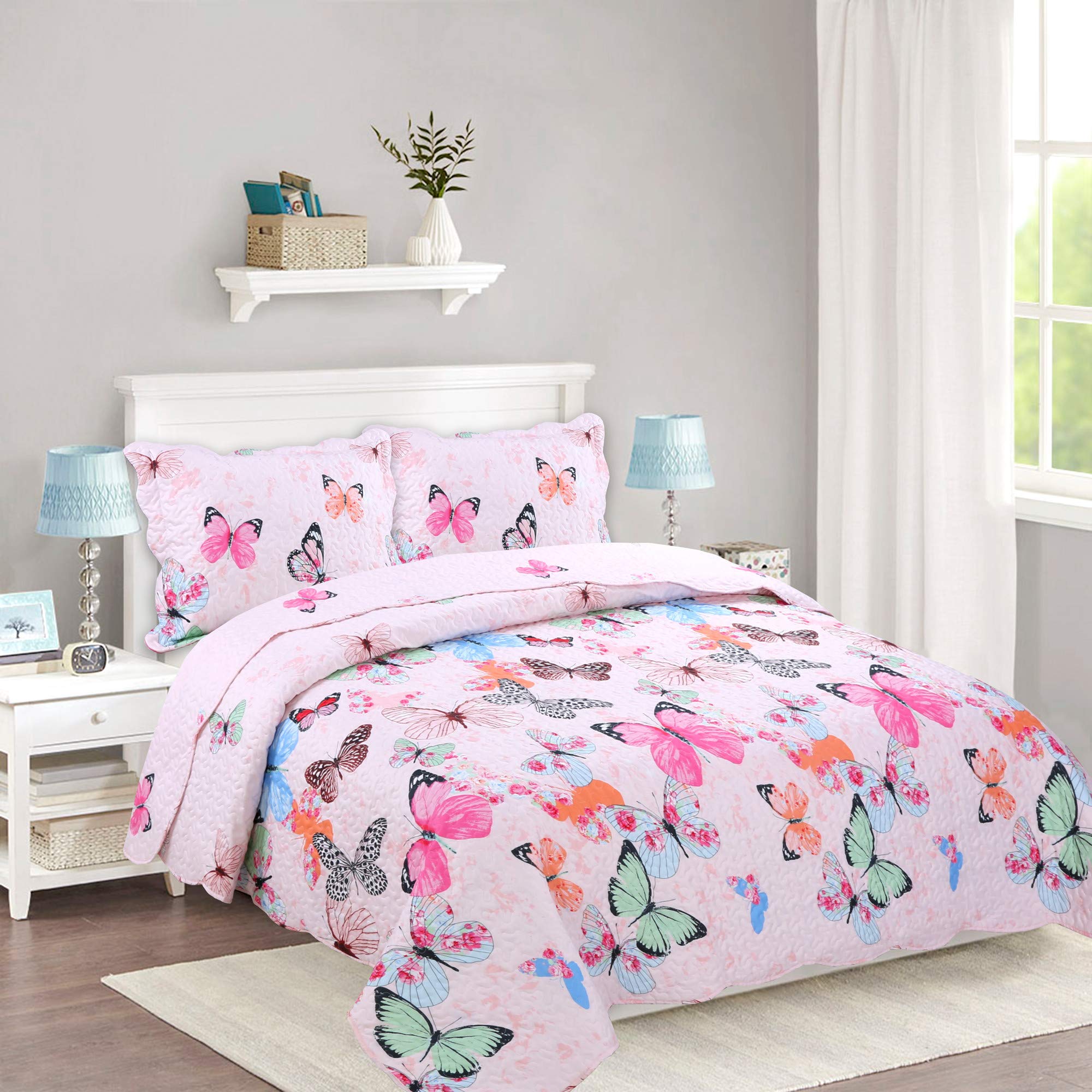 MarCielo 3 Piece Kids Bedspread Quilts Set Throw Blanket for Teens Boys Girls Bed Printed Bedding Coverlet Butterfly A72 (Full-Queen)