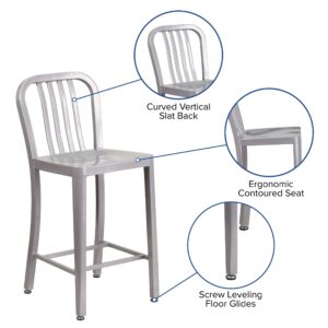 EMMA + OLIVER Commercial Grade 24" H Silver Metal Indoor-Outdoor Counter Stool w/Slat Back