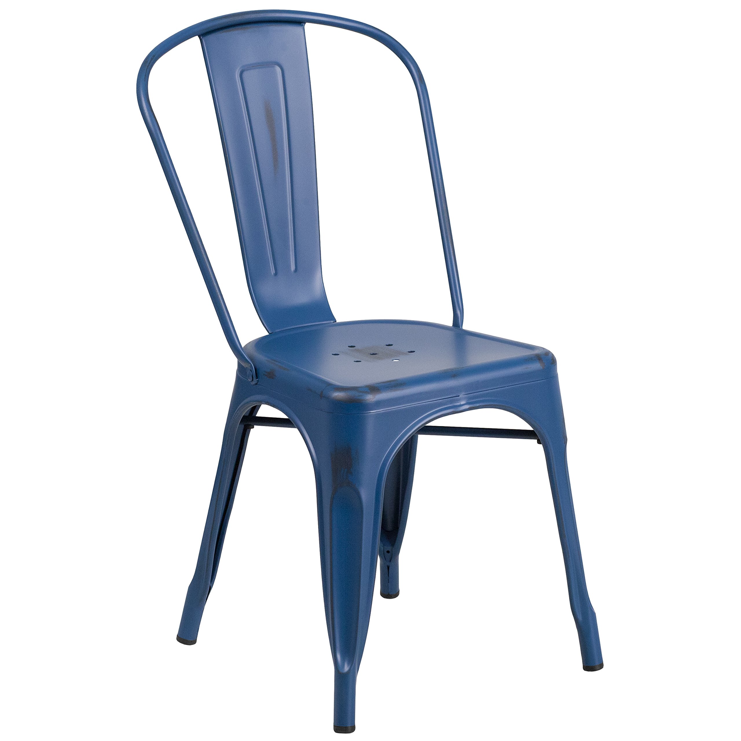 EMMA + OLIVER Commercial Grade Distressed Blue Metal Indoor-Outdoor Stackable Chair