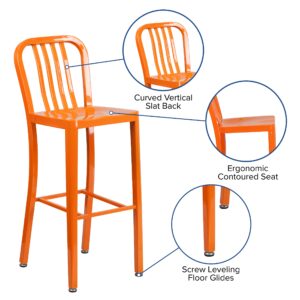 EMMA + OLIVER Commercial Grade 30" H Orange Metal Indoor-Outdoor Barstool with Slat Back