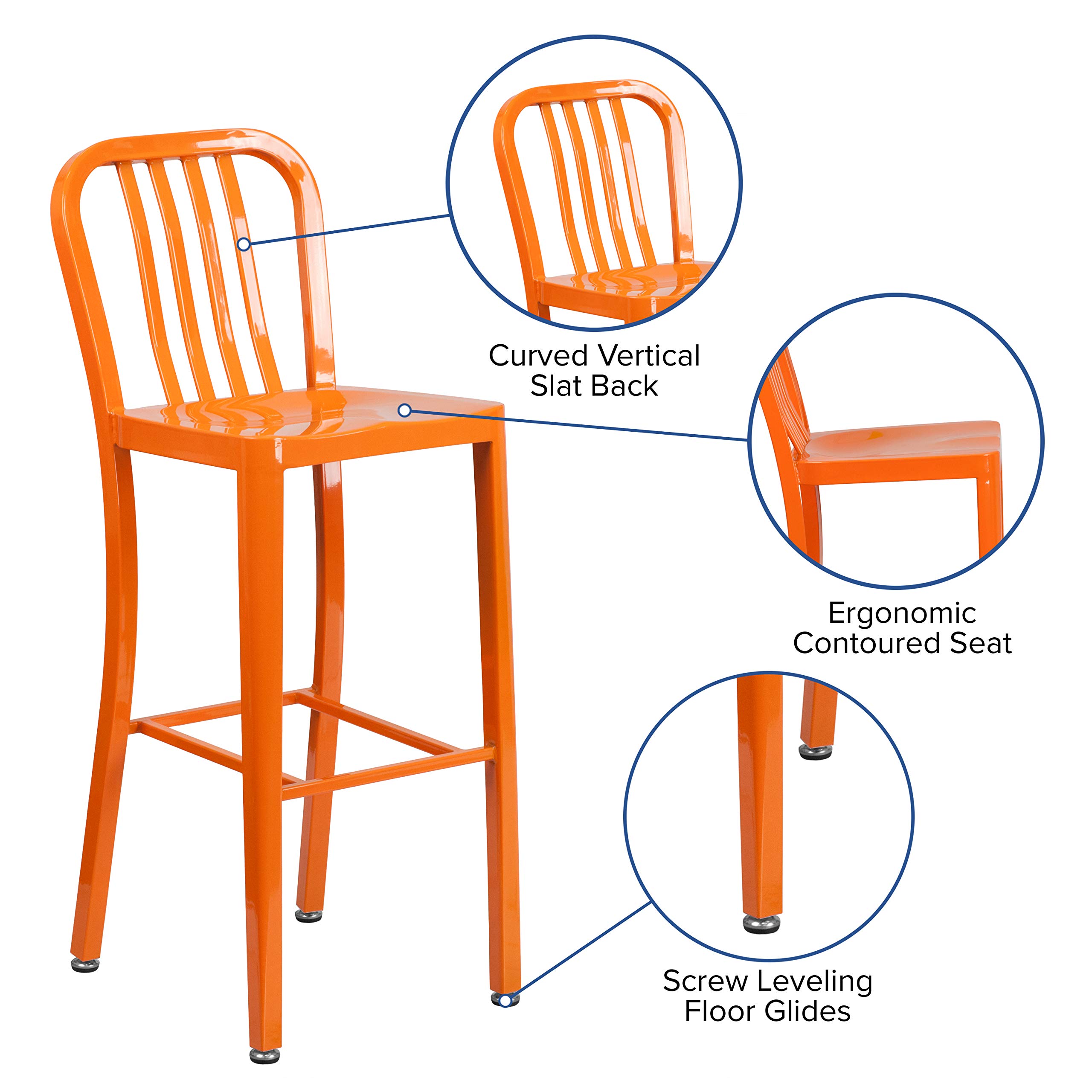 EMMA + OLIVER Commercial Grade 30" H Orange Metal Indoor-Outdoor Barstool with Slat Back