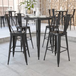 emma + oliver commercial 23.75sq silver metal indoor-outdoor bar table set-2 stools-backs