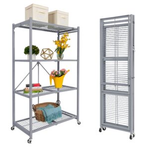 origami r5 foldable 4-tier garage shelving heavy duty shelving with wheels, metal storage rack holds 1000 pounds, garage storage rack & organization, storage shelving (platinum, r5)