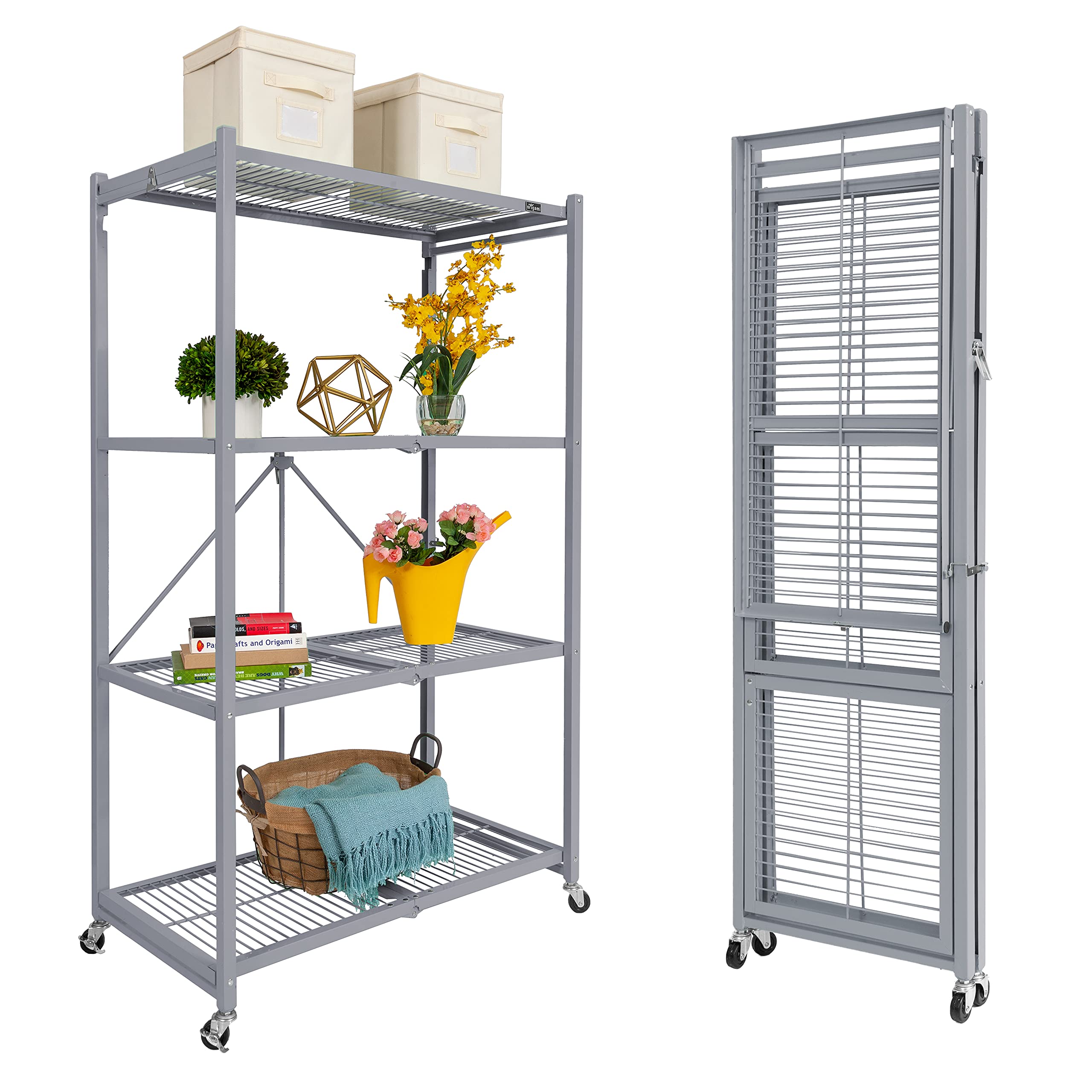 Origami R5 Foldable 4-Tier Garage Shelving Heavy Duty Shelving with Wheels, Metal Storage Rack Holds 1000 pounds, Garage Storage Rack & Organization, Storage Shelving (Platinum, R5)