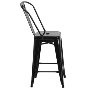 EMMA + OLIVER Commercial Grade 24" H Black Metal Indoor-Outdoor Counter Height Stool w/Back