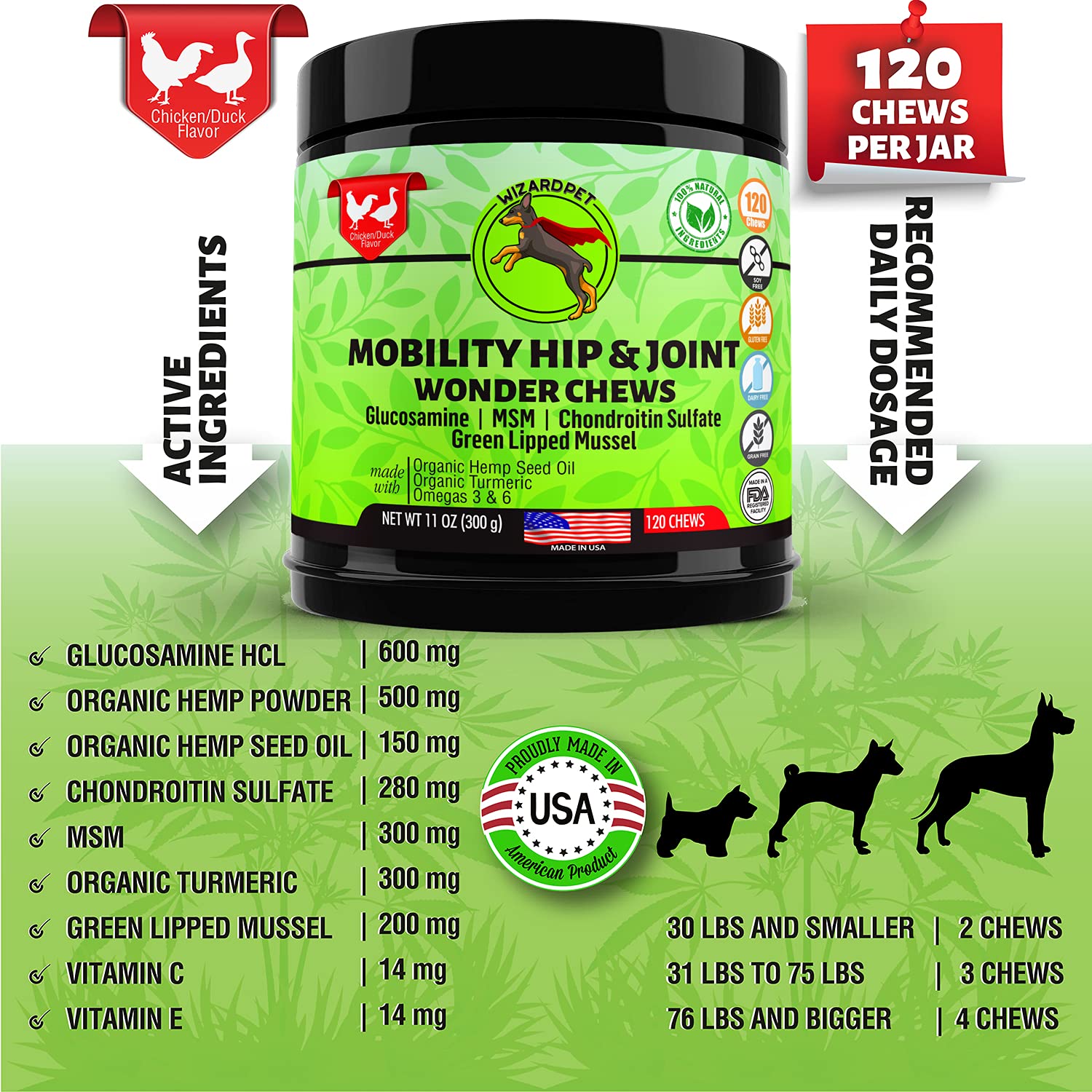 WIZARDPET Advanced Hemp Hip and Joint Supplement for Dogs - Hemp Oil Glucosamine Chondroitin for Dog - Omegas - Turmeric - MSM - Green Lipped Mussel, Made in USA Treats Support Mobility - 120 Chews