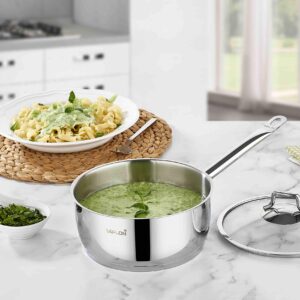 Saflon Stainless Steel Tri-Ply Capsulated Bottom 3 Quart Sauce Pan with Glass Lid, Induction Ready, Oven and Dishwasher Safe