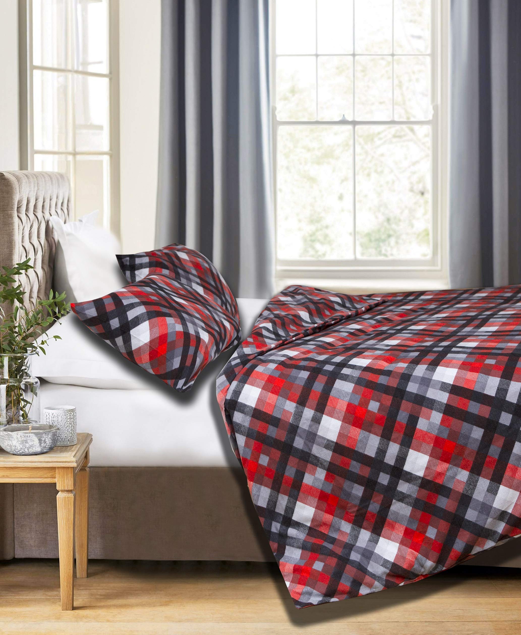 Friends at Home 180 Gram Cotton Heavyweight Flannel Duvet Cover Sets (Grey/red/Black, King)