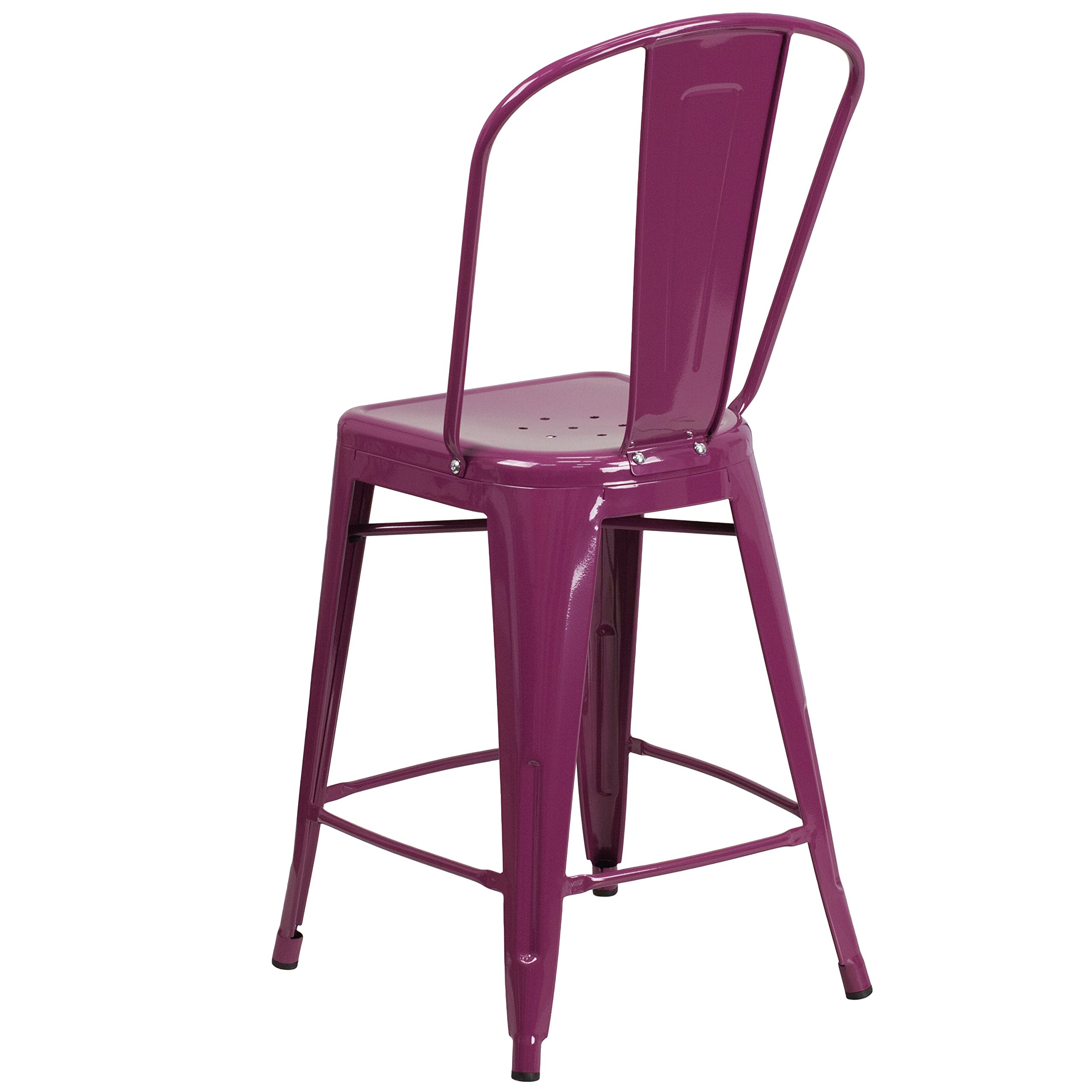 EMMA + OLIVER Commercial Grade 24" H Purple Metal Indoor-Outdoor Counter Height Stool with Back