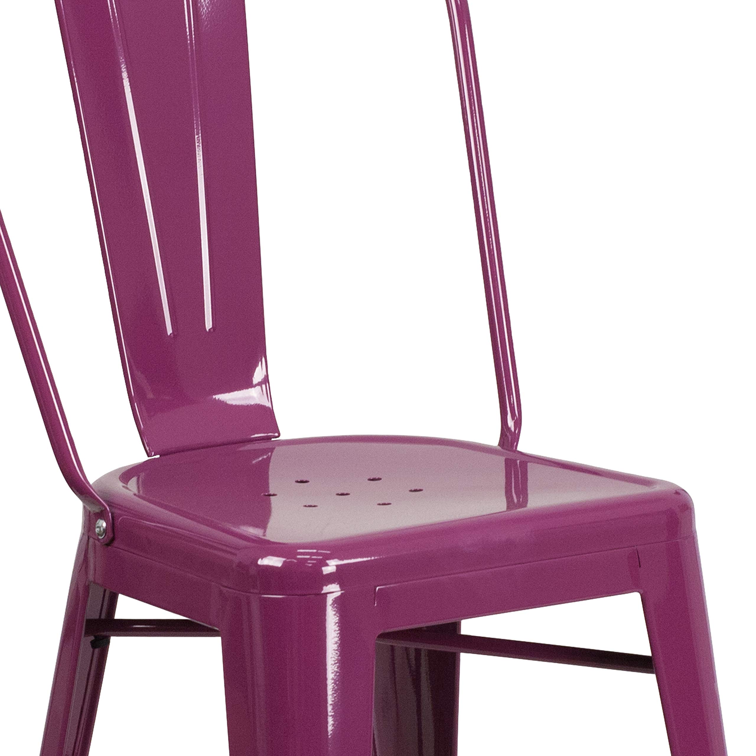 EMMA + OLIVER Commercial Grade 24" H Purple Metal Indoor-Outdoor Counter Height Stool with Back