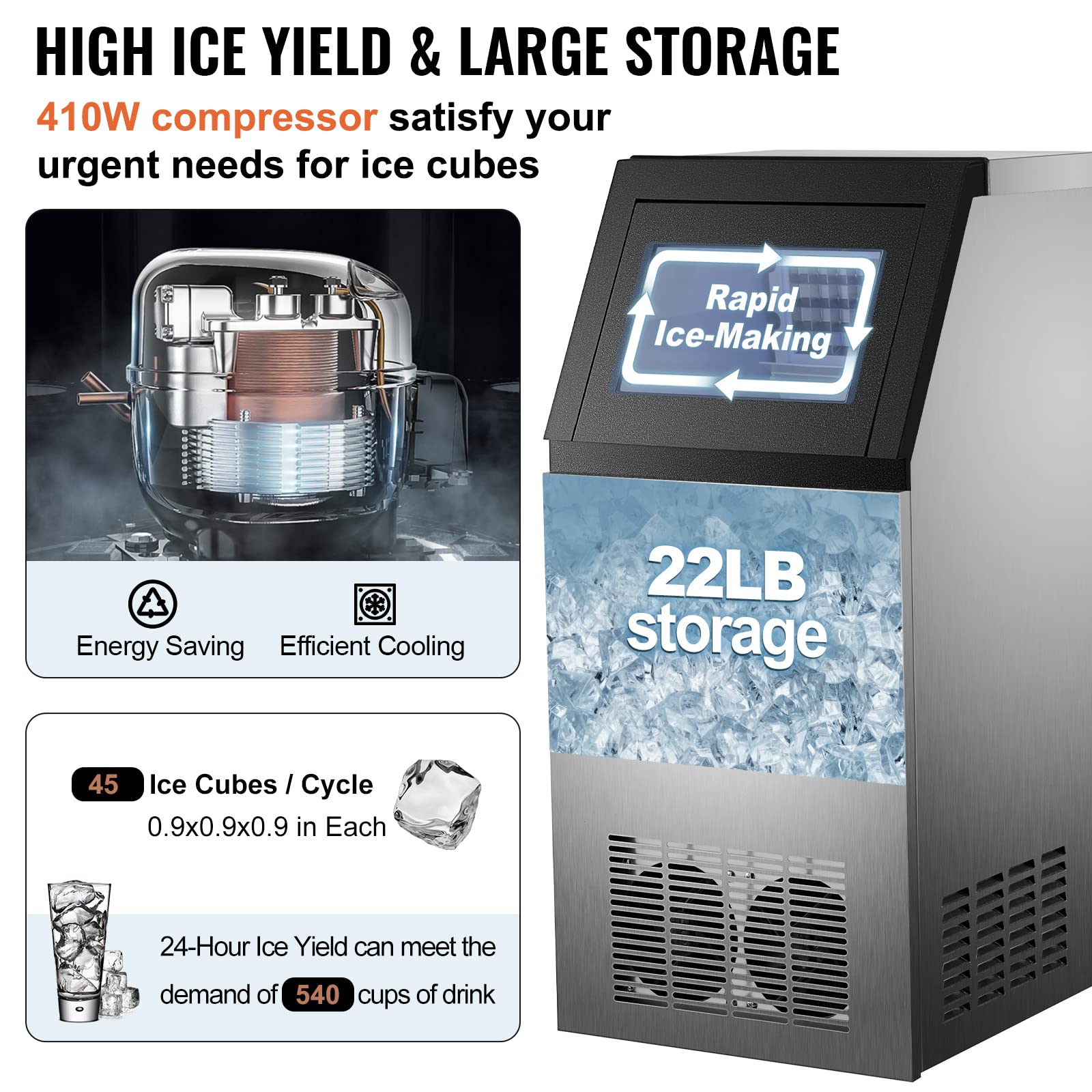 Happybuy 110V Commercial Ice Maker Machine, 120LBS/24H Stainless Steel Ice Maker Machine 22lbs Storage Automatic Ice Machine for Home Restaurant Bar Cafe, Scoop and Connection Hoses Included