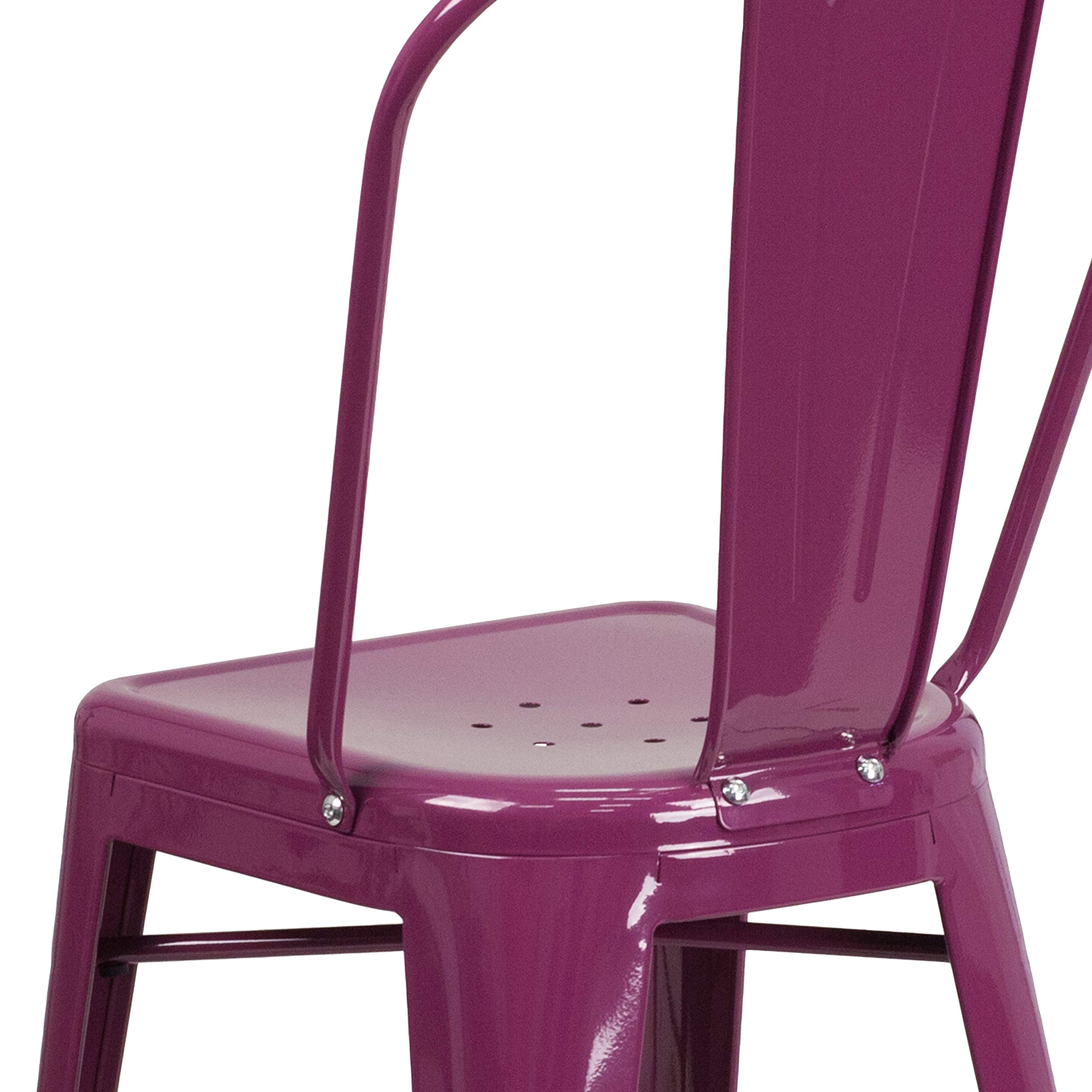 EMMA + OLIVER Commercial Grade 24" H Purple Metal Indoor-Outdoor Counter Height Stool with Back