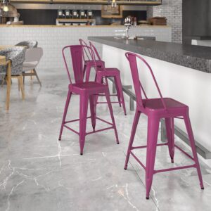 emma + oliver commercial grade 24" h purple metal indoor-outdoor counter height stool with back