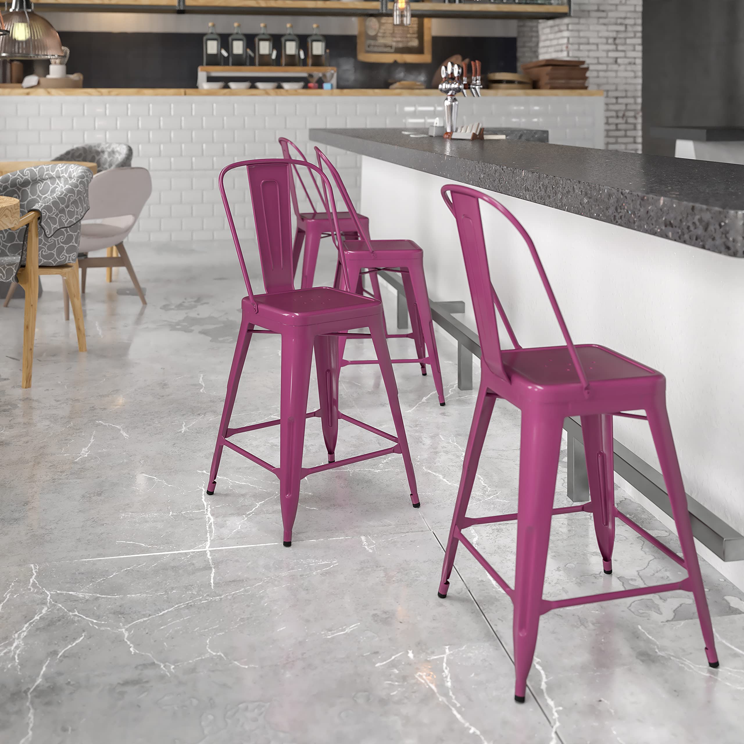 EMMA + OLIVER Commercial Grade 24" H Purple Metal Indoor-Outdoor Counter Height Stool with Back