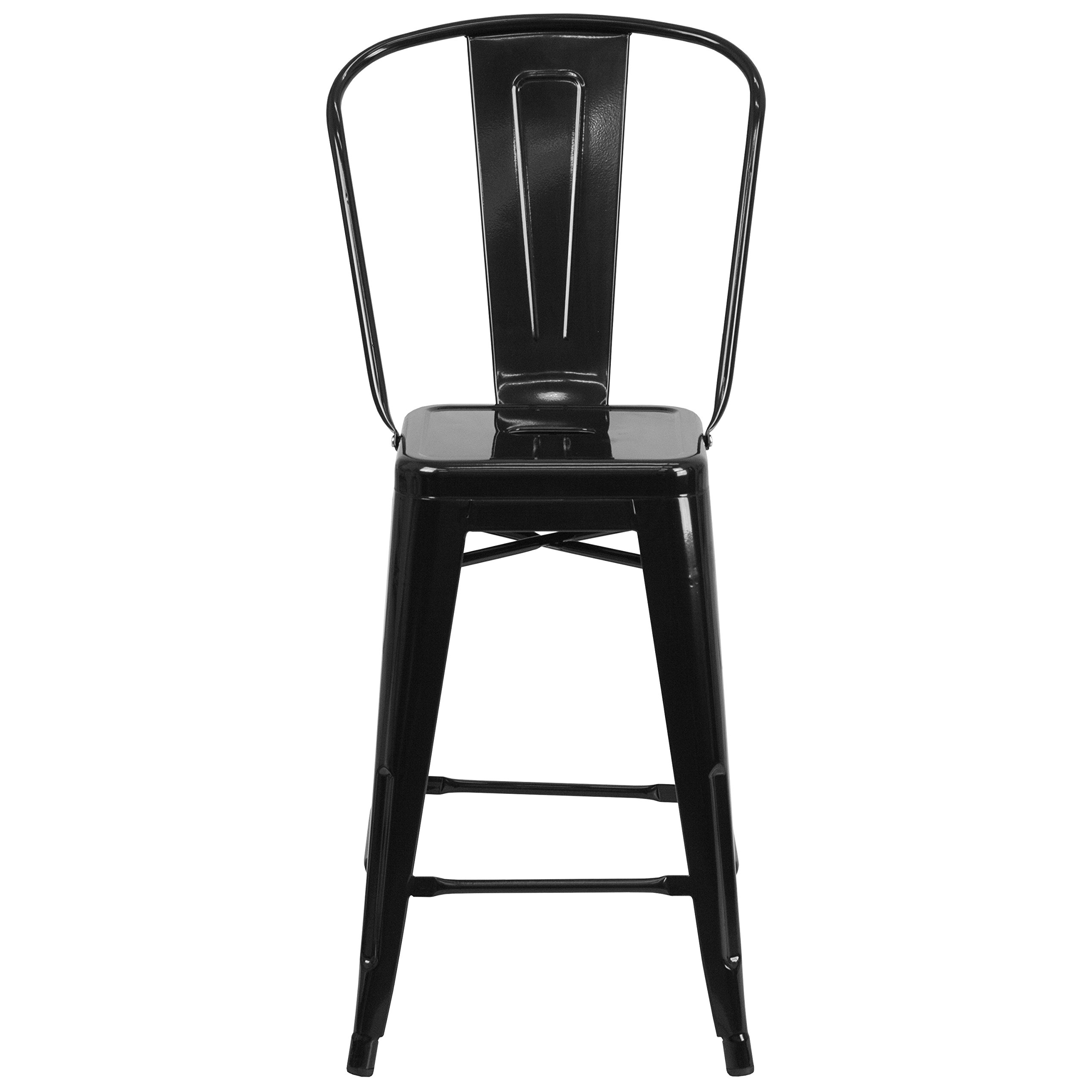 EMMA + OLIVER Commercial Grade 24" H Black Metal Indoor-Outdoor Counter Height Stool w/Back