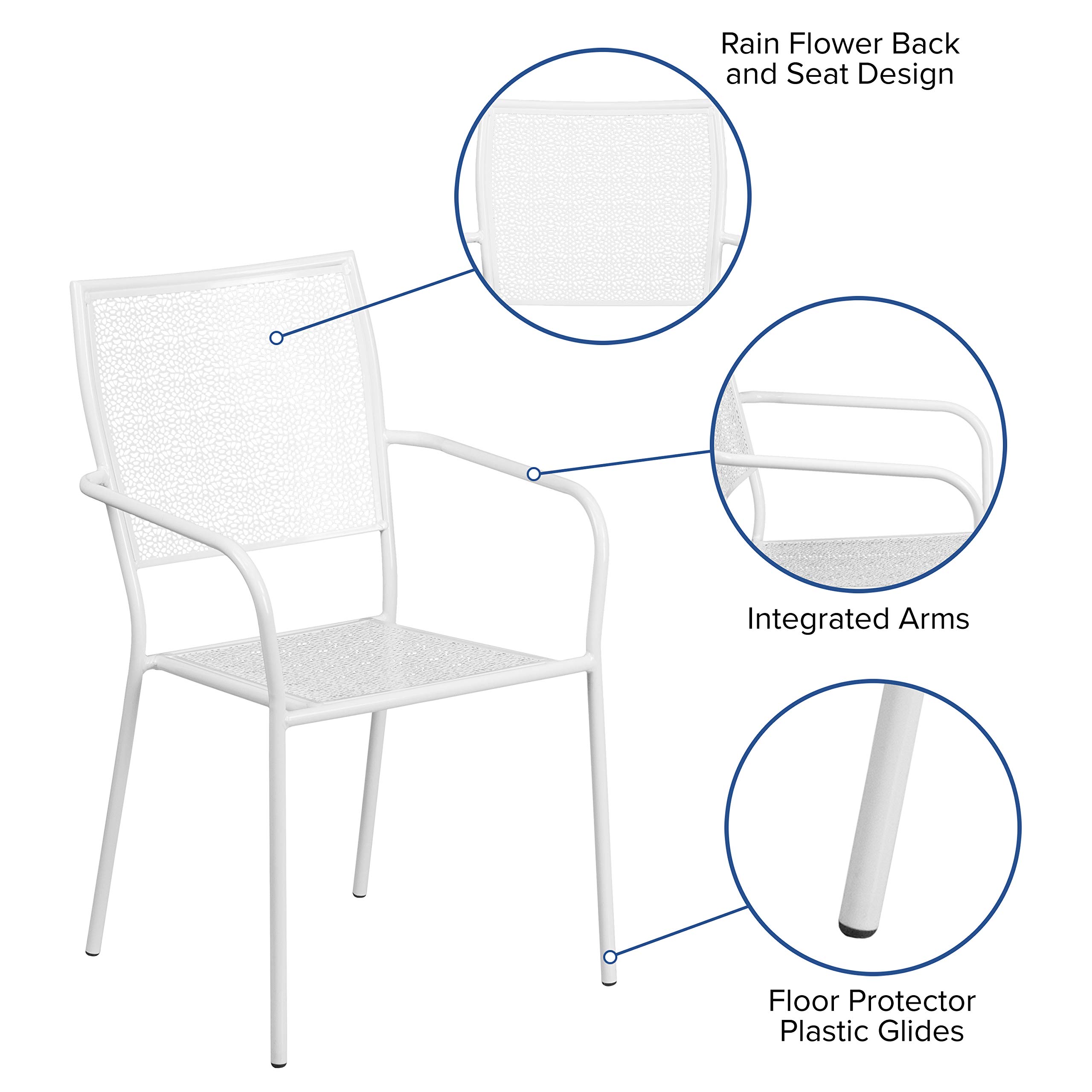 EMMA + OLIVER Commercial Grade White Indoor-Outdoor Steel Patio Arm Chair with Square Back