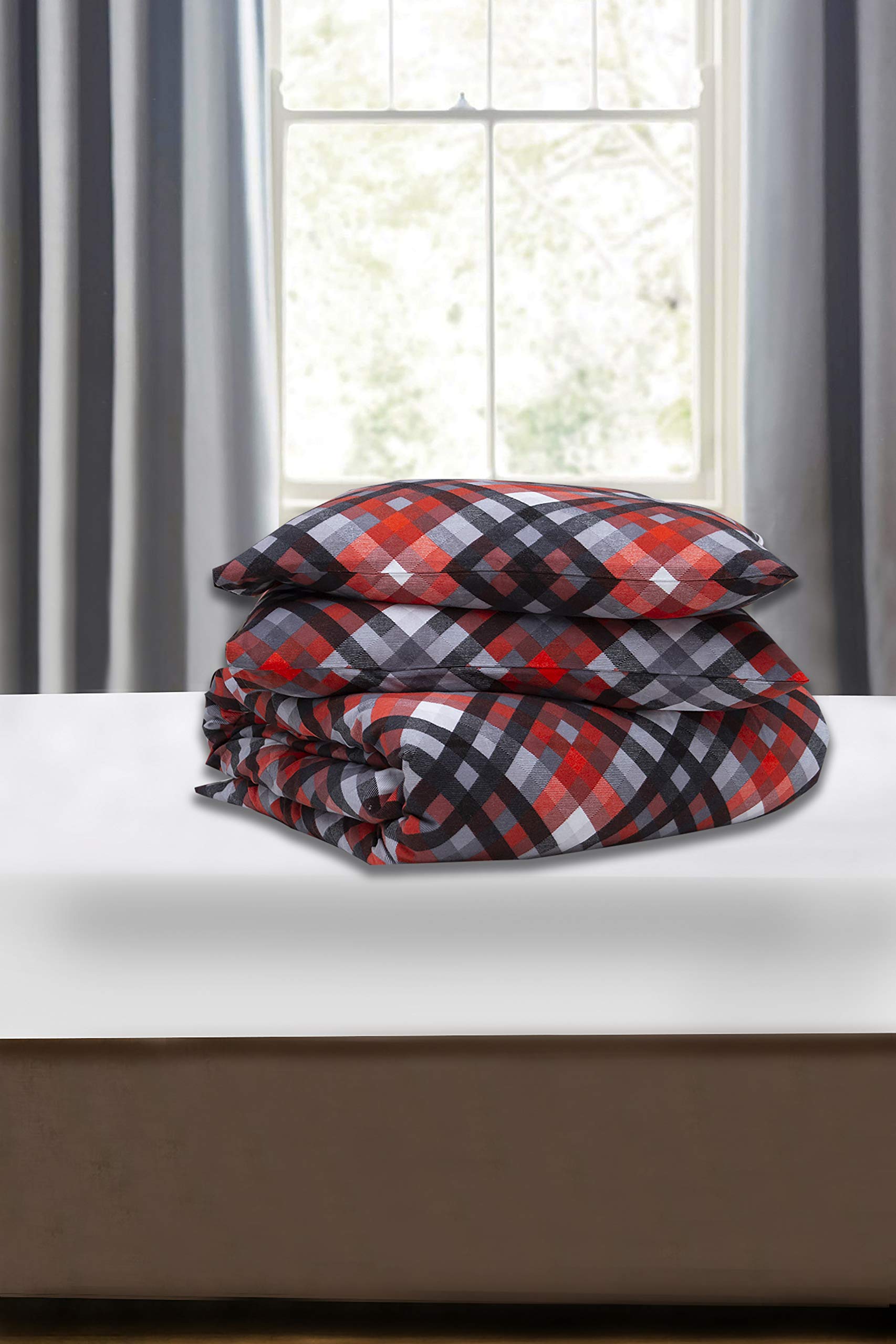 Friends at Home 180 Gram Cotton Heavyweight Flannel Duvet Cover Sets (Grey/red/Black, King)