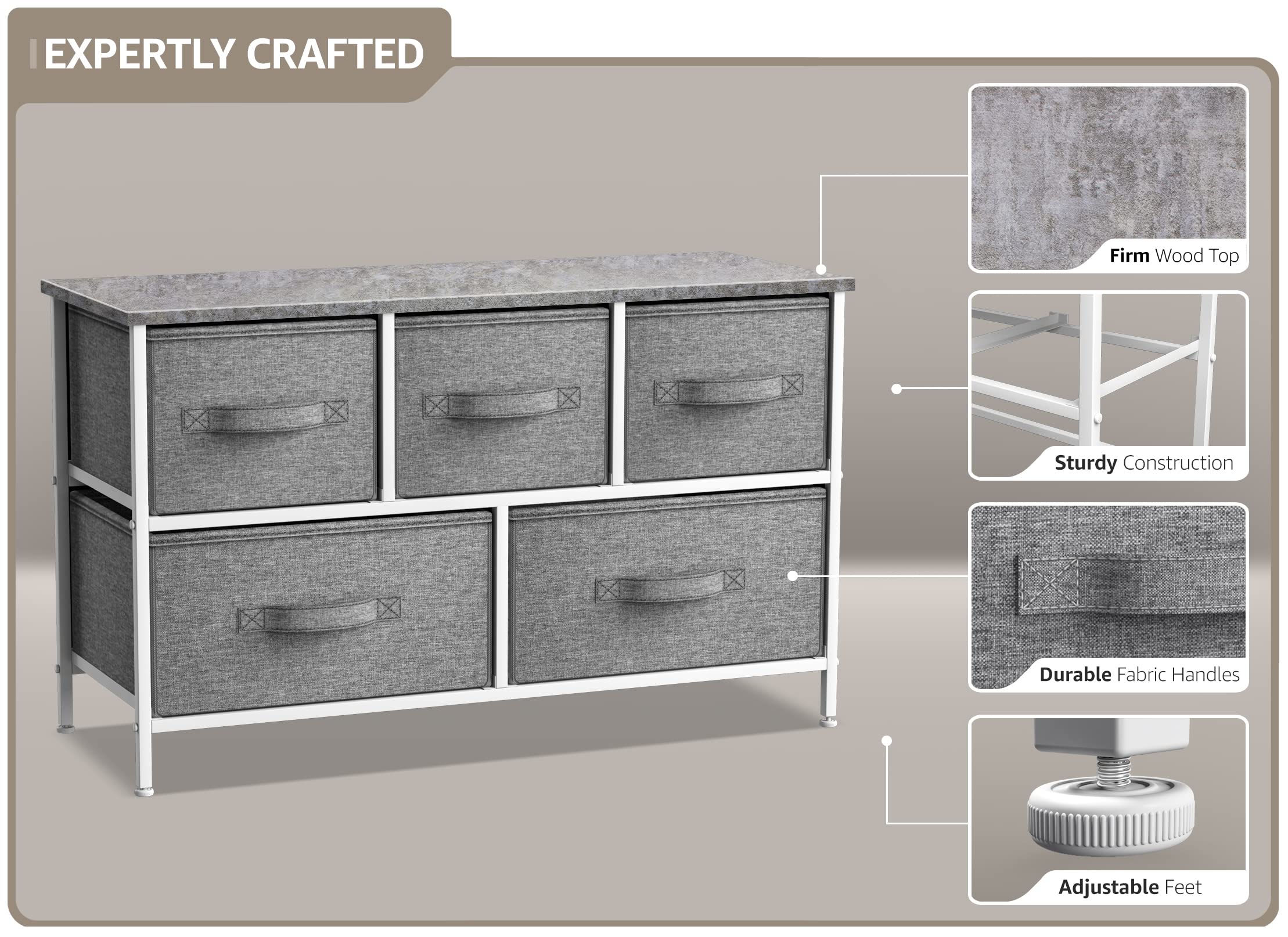 Sorbus Dresser with 5 Drawers - Storage Chest Organizer Unit with Steel Frame, Wood Top, Easy Pull Fabric Bins - Long Wide TV Stand for Bedroom Furniture, Hallway, Closet & Office Organization