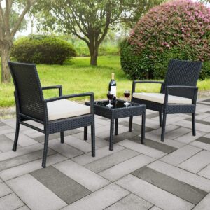 reuniong 3 piece conversation wicker rattan outdoor patio furniture set with 2 cushioned chairs & end table, black