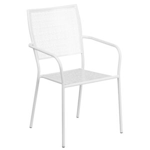 EMMA + OLIVER Commercial Grade White Indoor-Outdoor Steel Patio Arm Chair with Square Back