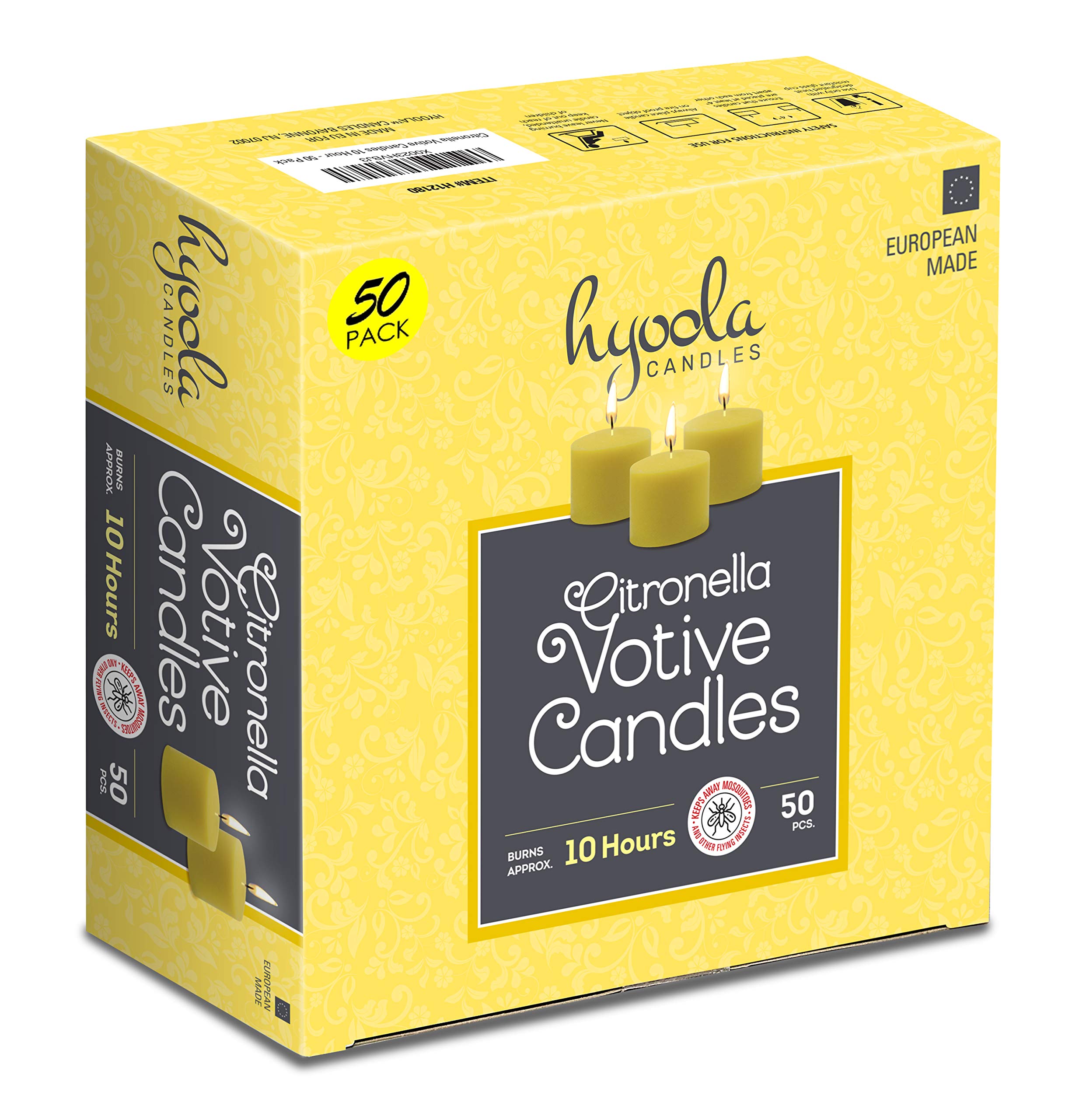 HYOOLA Citronella Votive Candles - 10 Hour Burn Time - 50 Pack, Ideal Bug Repellent Candles, European Made