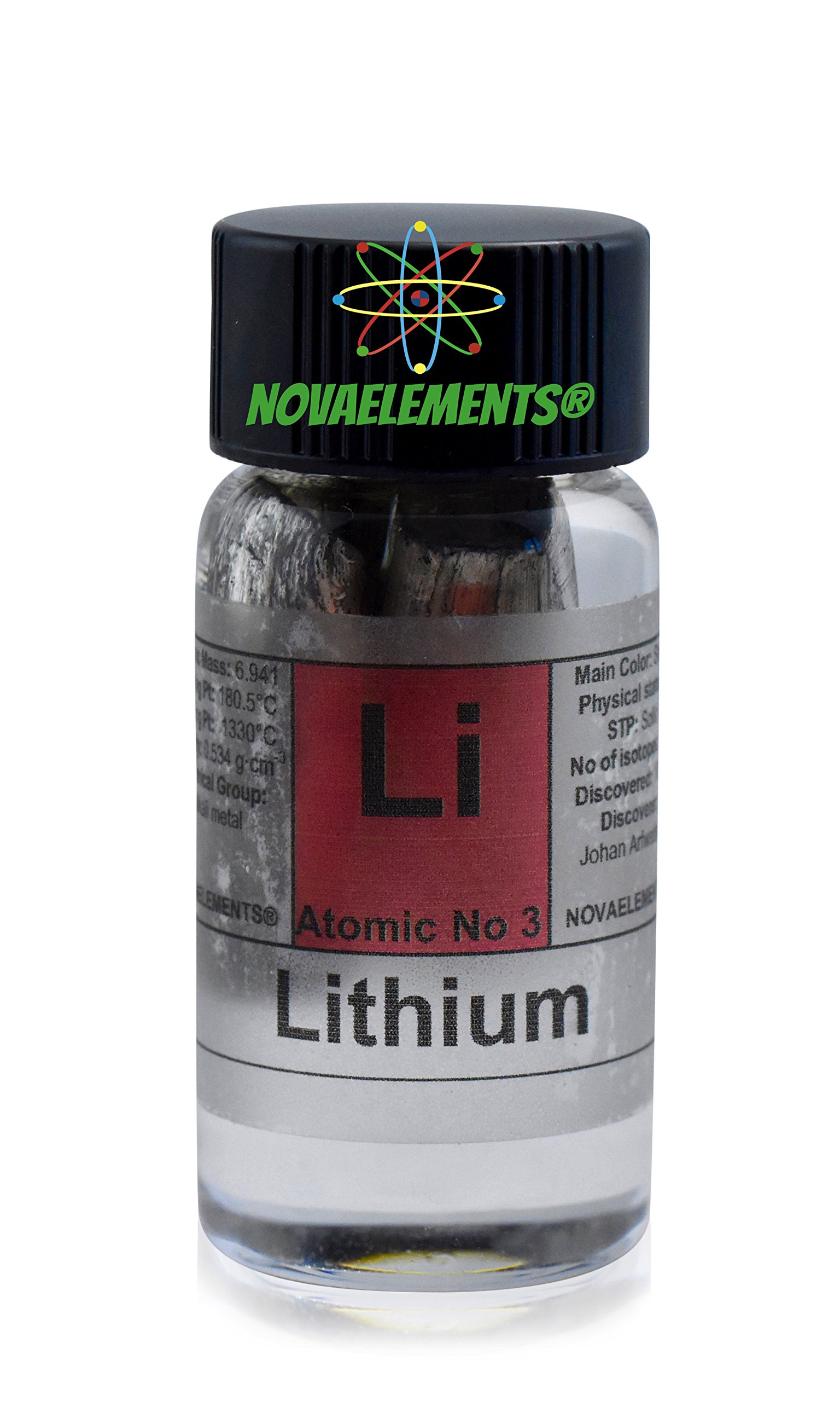 Lithium Metal Element 3 Sample 99.9% Pure 1 gram Shiny Pieces Under Mineral Oil in Labeled Glass Vial