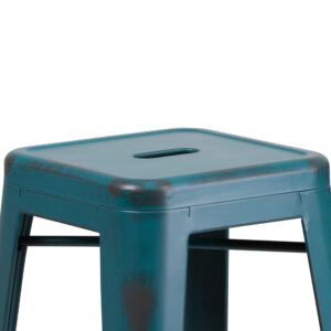 EMMA + OLIVER Commercial 30" H Backless Distressed Blue-Teal Metal Indoor-Outdoor Barstool