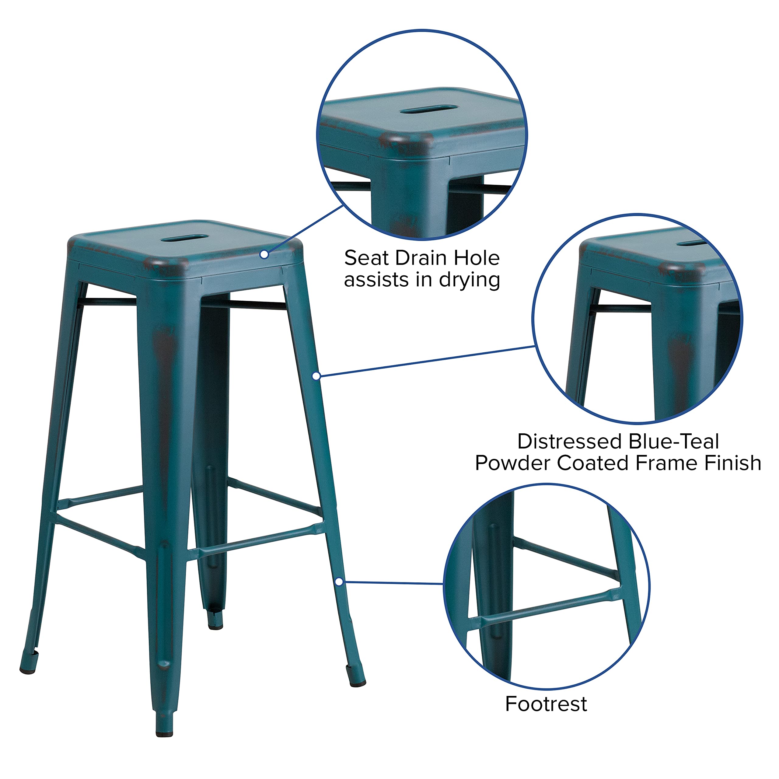 EMMA + OLIVER Commercial 30" H Backless Distressed Blue-Teal Metal Indoor-Outdoor Barstool