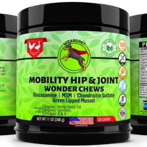 WIZARDPET Advanced Hemp Hip and Joint Supplement for Dogs - Hemp Oil Glucosamine Chondroitin for Dog - Omegas - Turmeric - MSM - Green Lipped Mussel, Made in USA Treats Support Mobility - 120 Chews