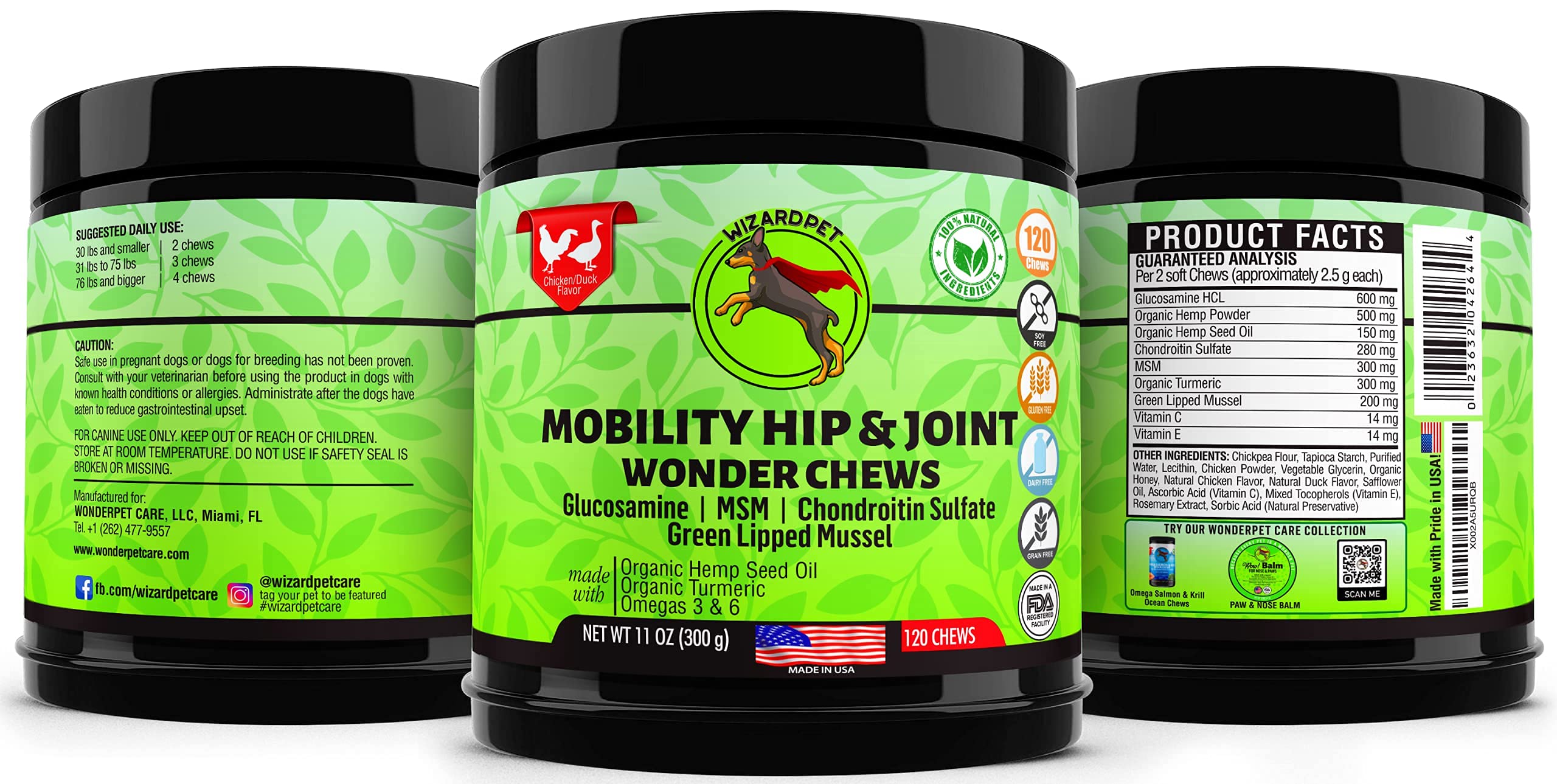 WIZARDPET Advanced Hemp Hip and Joint Supplement for Dogs - Hemp Oil Glucosamine Chondroitin for Dog - Omegas - Turmeric - MSM - Green Lipped Mussel, Made in USA Treats Support Mobility - 120 Chews