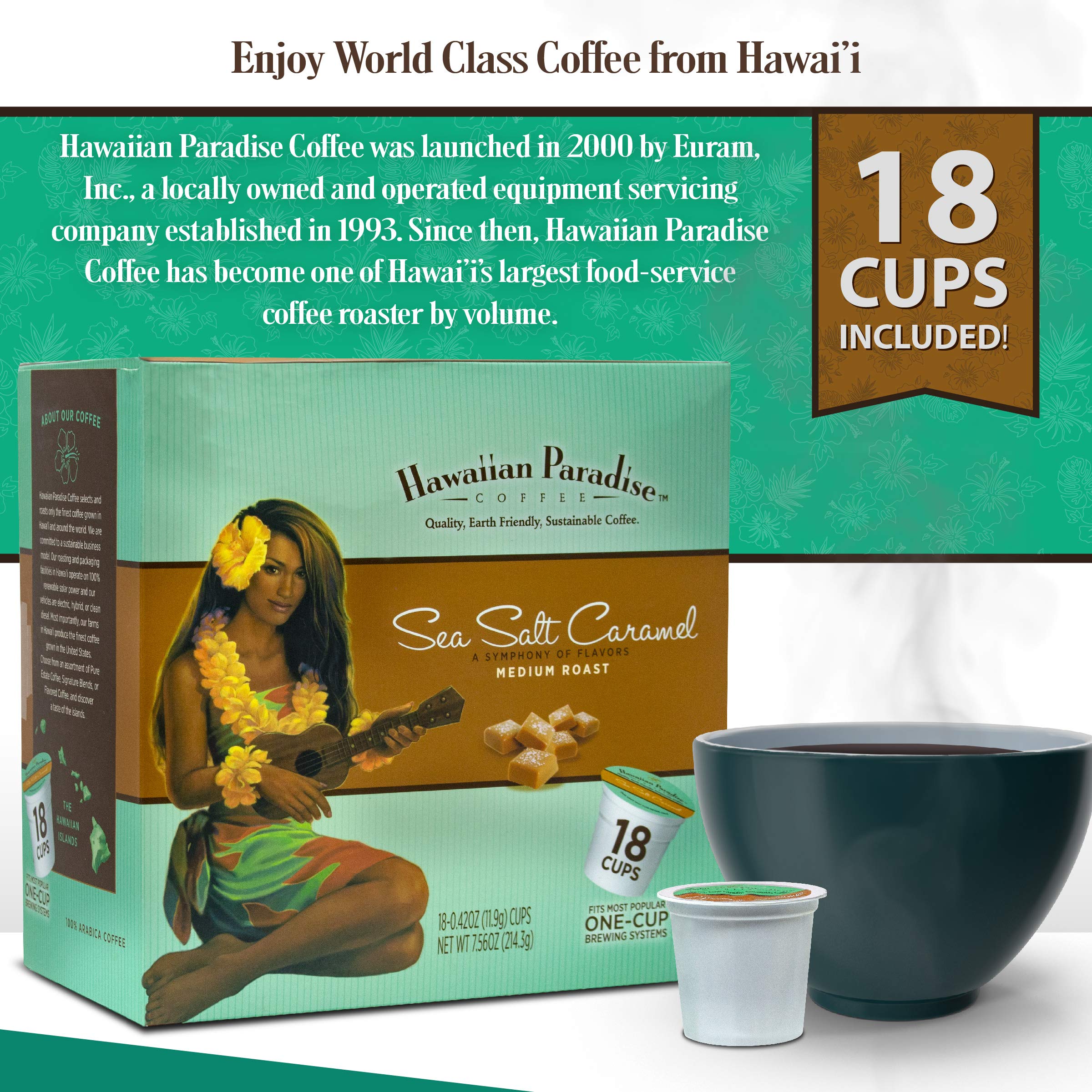 Hawaiian Paradise Coffee Sea Salt Caramel Single Serve Cups 18 Count - Compatible with Keurig K-Cup Brewers