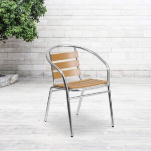 emma + oliver aluminum indoor-outdoor stack chair w/triple slat faux teak back