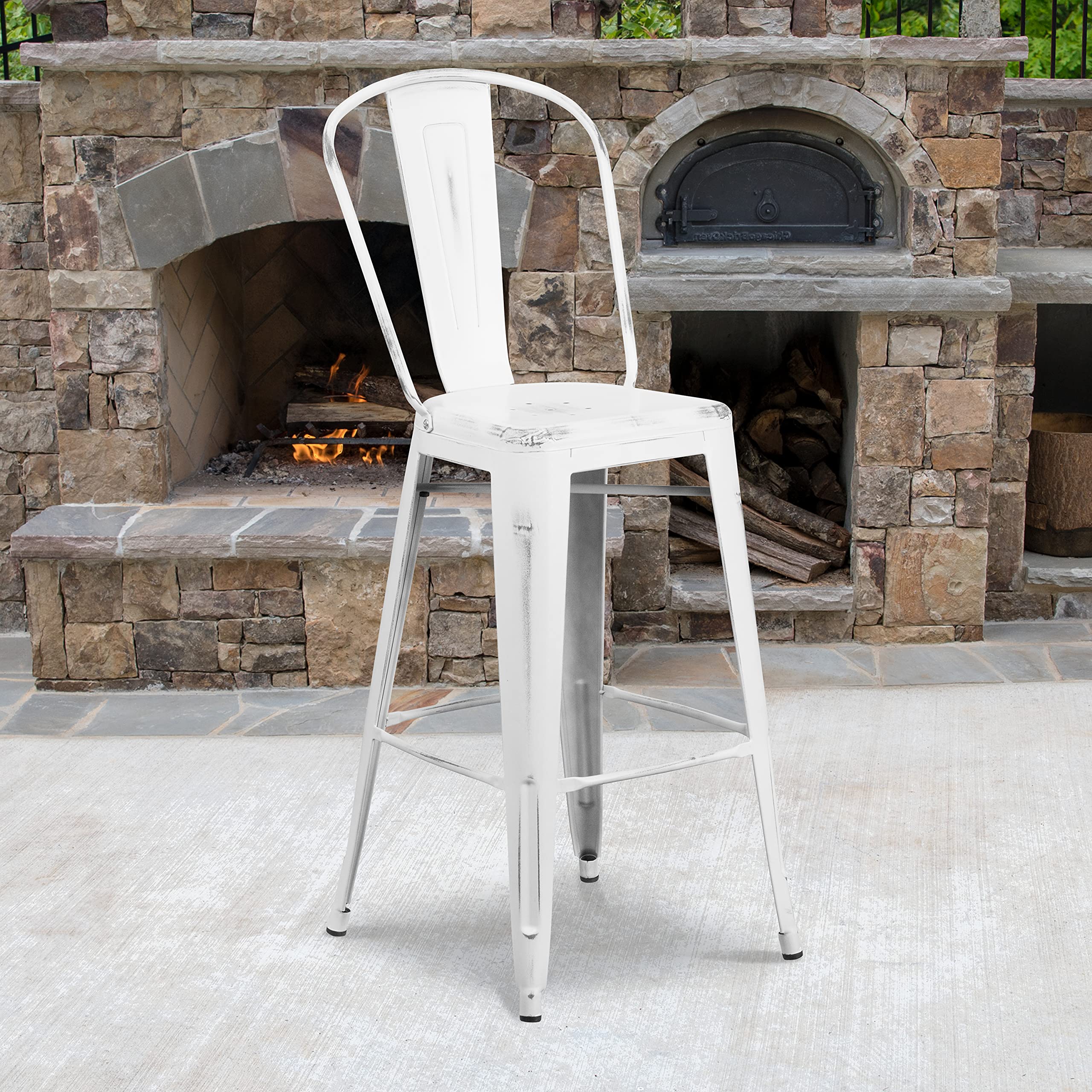 EMMA + OLIVER Commercial Grade 30" H Distressed White Metal Indoor-Outdoor Barstool w/Back