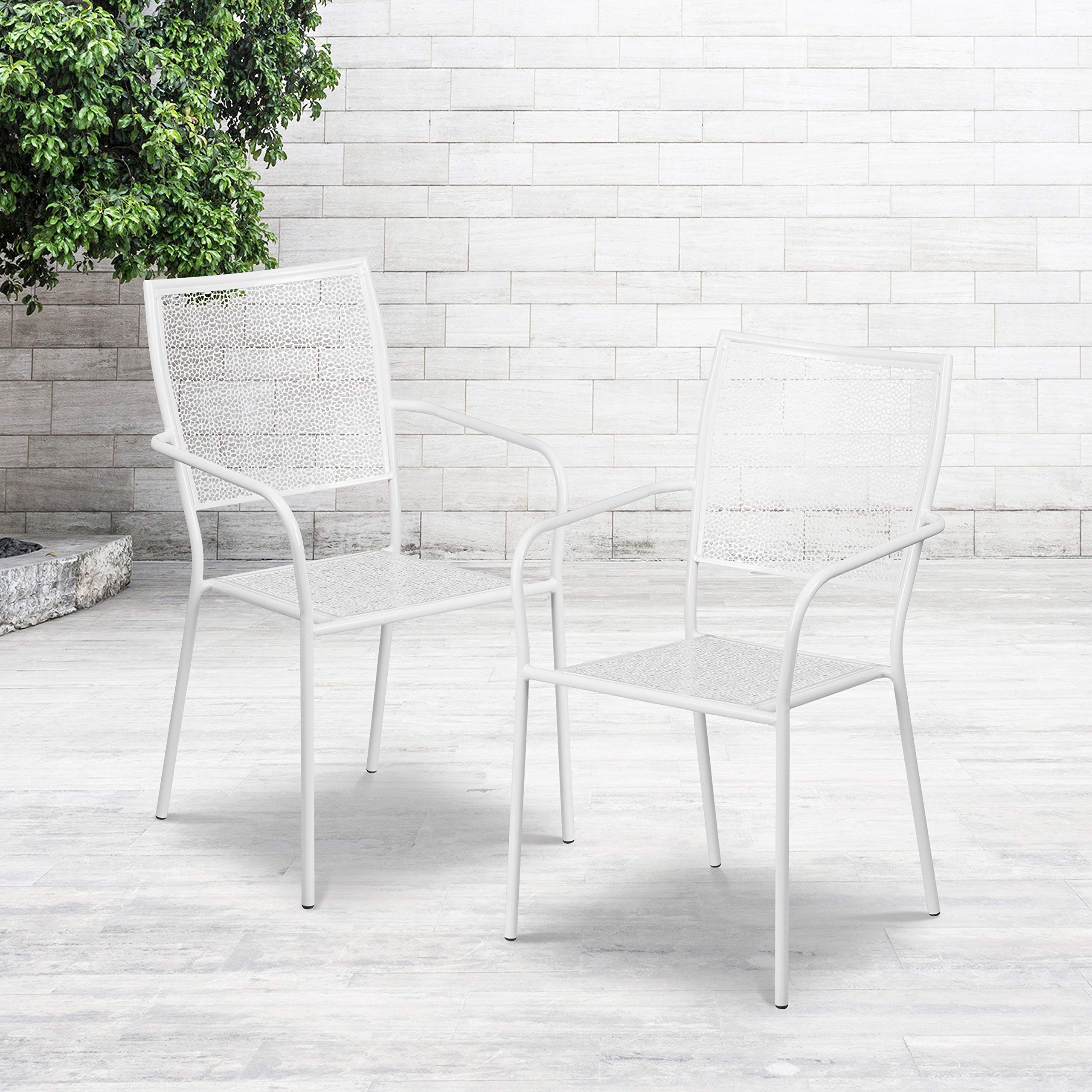 EMMA + OLIVER Commercial Grade White Indoor-Outdoor Steel Patio Arm Chair with Square Back