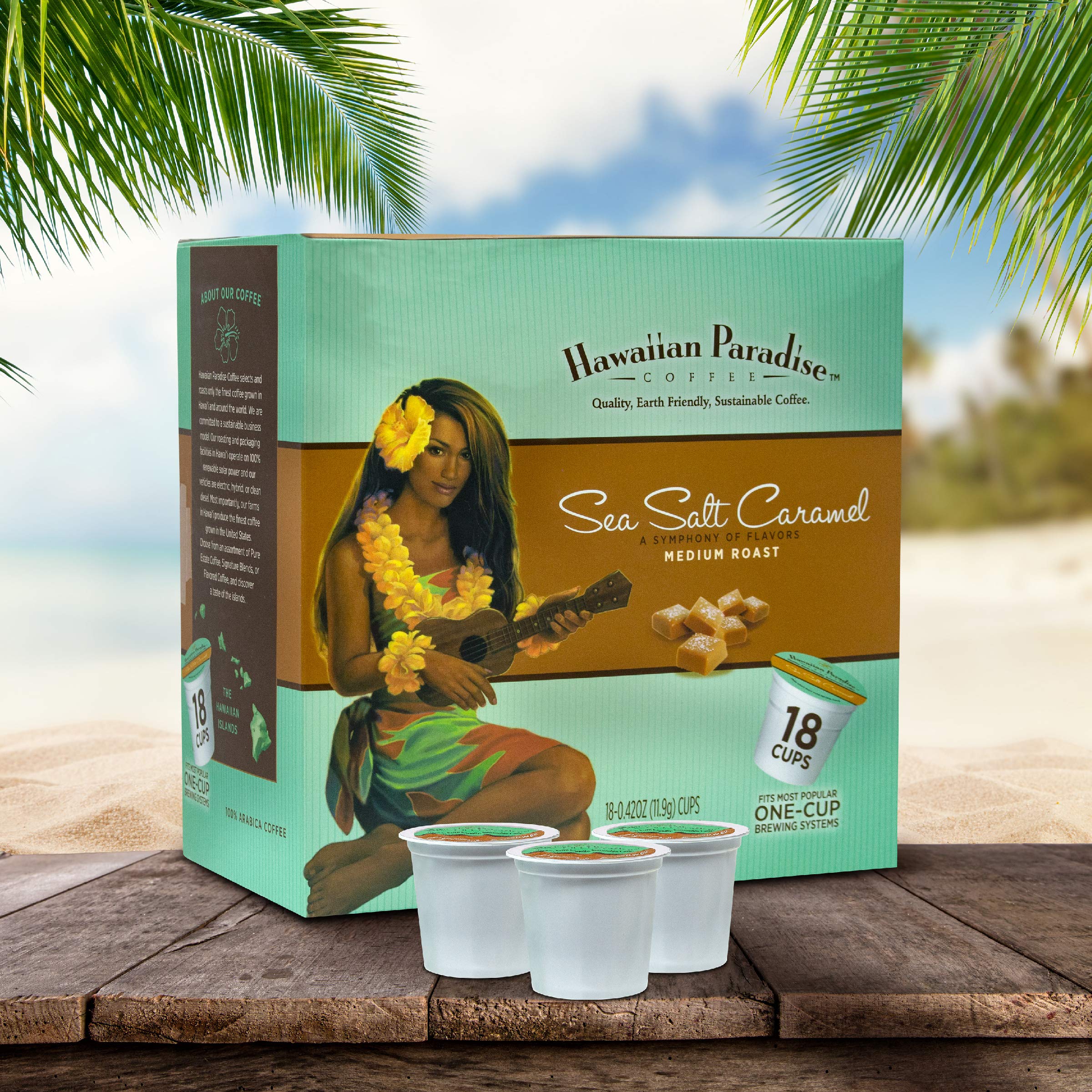 Hawaiian Paradise Coffee Sea Salt Caramel Single Serve Cups 18 Count - Compatible with Keurig K-Cup Brewers