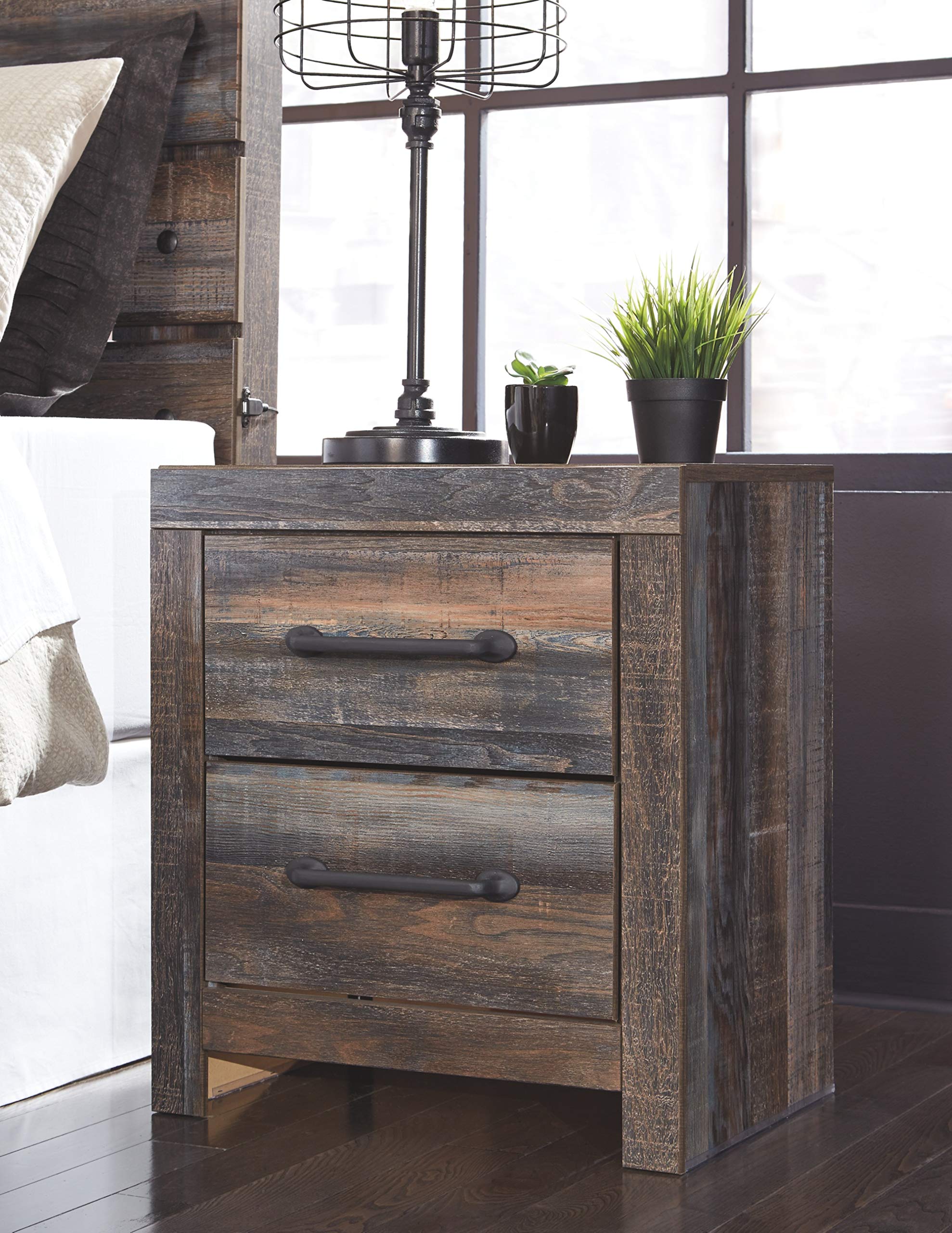 Signature Design by Ashley Drystan Rustic Industrial 2 Drawer Nightstand with 2 Slim-Profile USB Charging Stations, 24.37" Tall, Weatherworn Brown