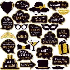 premium birthday photo booth props kit - 27 pieces black & gold party decorations - durable & easy-to-use photobooth props signs for memorable photos - party supply decorations - by pixipy