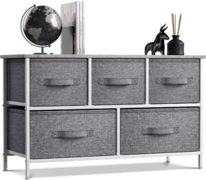 sorbus dresser with 5 drawers - storage chest organizer unit with steel frame, wood top, easy pull fabric bins - long wide tv stand for bedroom furniture, hallway, closet & office organization