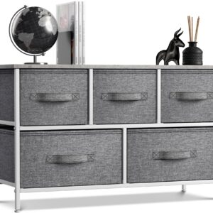 Sorbus Dresser with 5 Drawers - Storage Chest Organizer Unit with Steel Frame, Wood Top, Easy Pull Fabric Bins - Long Wide TV Stand for Bedroom Furniture, Hallway, Closet & Office Organization