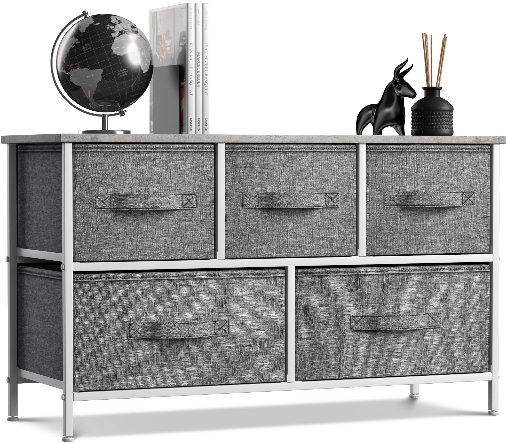 Sorbus Dresser with 5 Drawers - Storage Chest Organizer Unit with Steel Frame, Wood Top, Easy Pull Fabric Bins - Long Wide TV Stand for Bedroom Furniture, Hallway, Closet & Office Organization