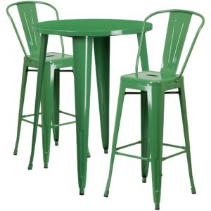 EMMA + OLIVER Commercial 30" Round Green Metal Indoor-Outdoor Bar Table Set-2 Cafe Stools