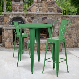 emma + oliver commercial 30" round green metal indoor-outdoor bar table set-2 cafe stools