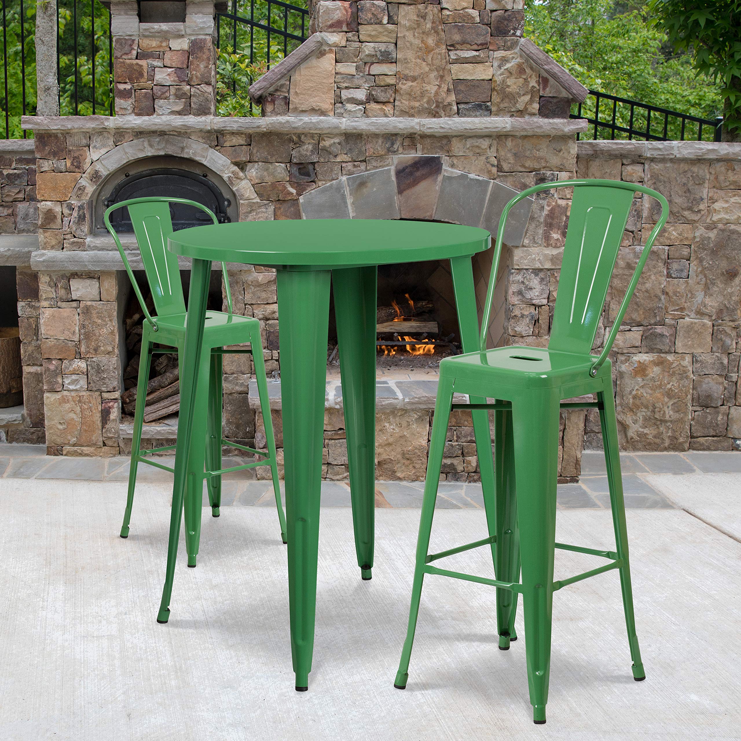 EMMA + OLIVER Commercial 30" Round Green Metal Indoor-Outdoor Bar Table Set-2 Cafe Stools