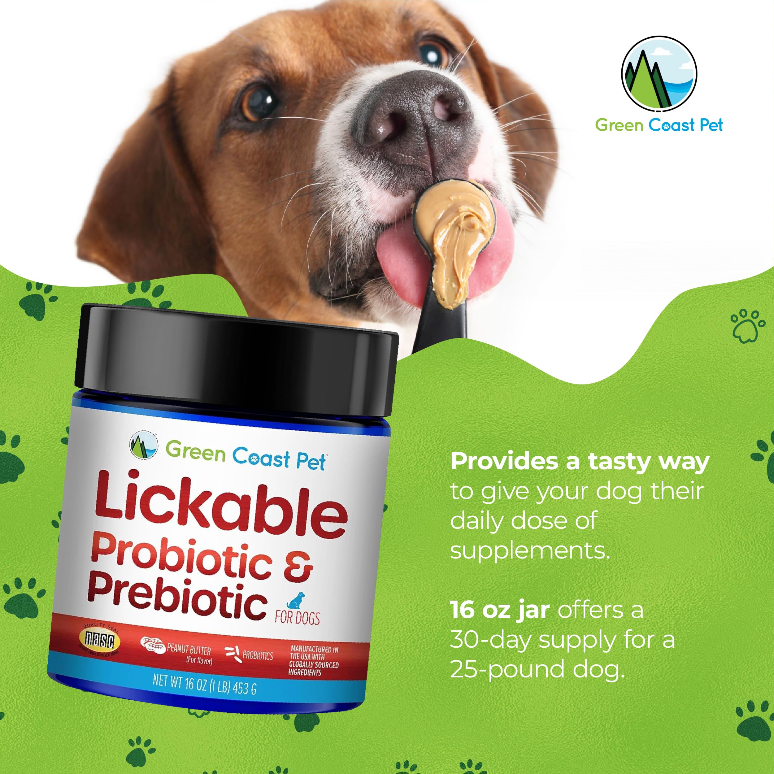 Green Coast Pet Lickable Actives Probiotic & Prebiotic Supplement for Dogs, 16 oz | Made in USA | 30 Day Supply