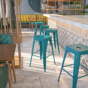 emma + oliver commercial 30" h backless distressed blue-teal metal indoor-outdoor barstool